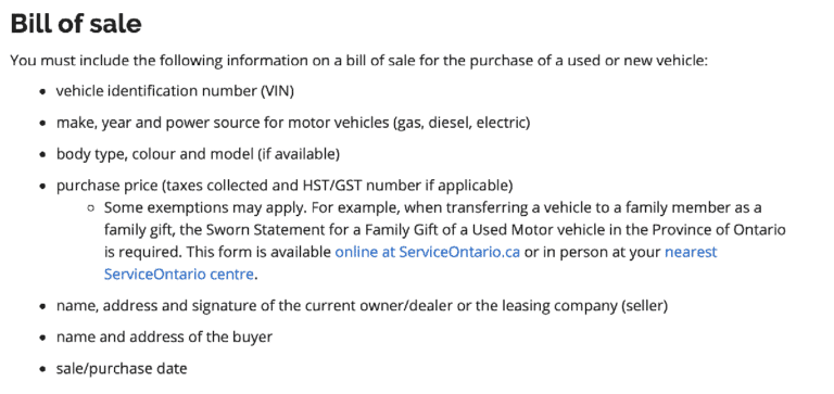 What is a Bill of Sale in Ontario?